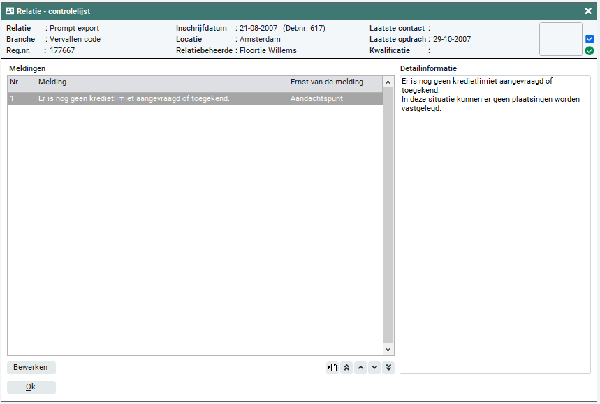 Relaties > Controlelijst